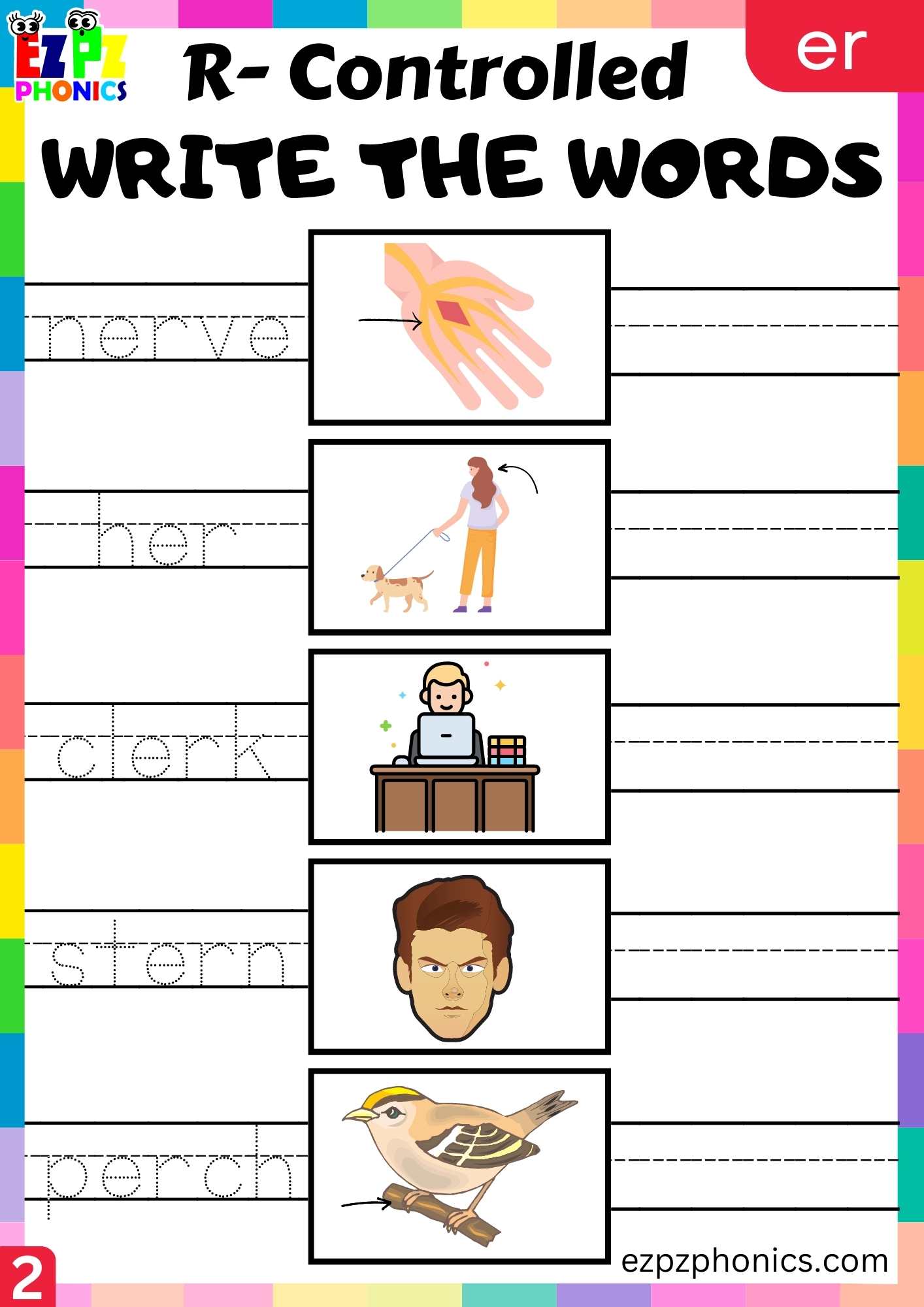 Write the words activity for er words R controlled vowels phonics group 2 - ezpzphonics.com